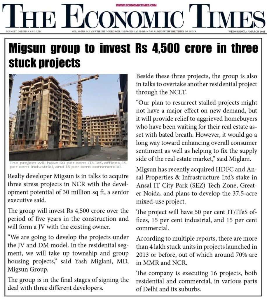 Migsun group invests Rs 4,500 crores in three stuck projects in NCR ...